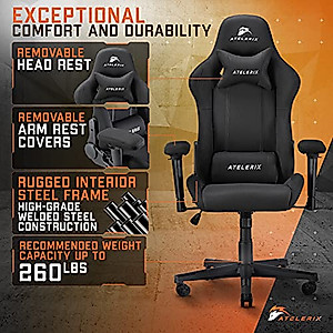 Atelerix Ventris Noir Gaming Chair - Use as Desk, Office or Computer - Tilting Mechanism and Ergonomic Adjustable Swivel Game Chair w/ 4D Armrests & Armrest Covers, Headrest and Lumbar Support