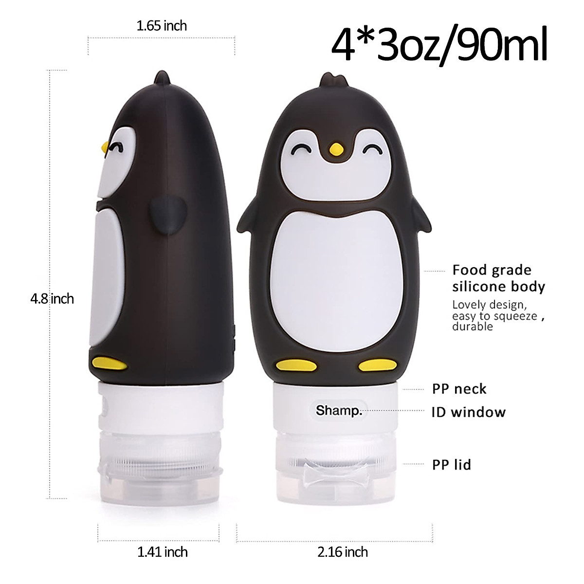 Lejesth 4Pcs 3oz/90ml Silicone Leak Proof Travel Size Bottles Set for Liquids, Refillable Containers,Squeezable Tubes Toiletries Containers for Shampoo Conditioner Lotion Face Body Wash