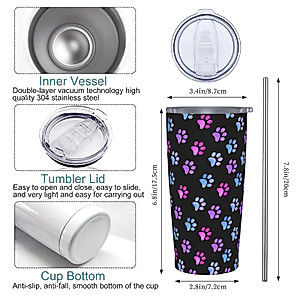 Paw Print Tumbler with Lid and Straw, Dog 20 Oz Stainless Steel Insulated Water Bottle Cup Coffee Mug