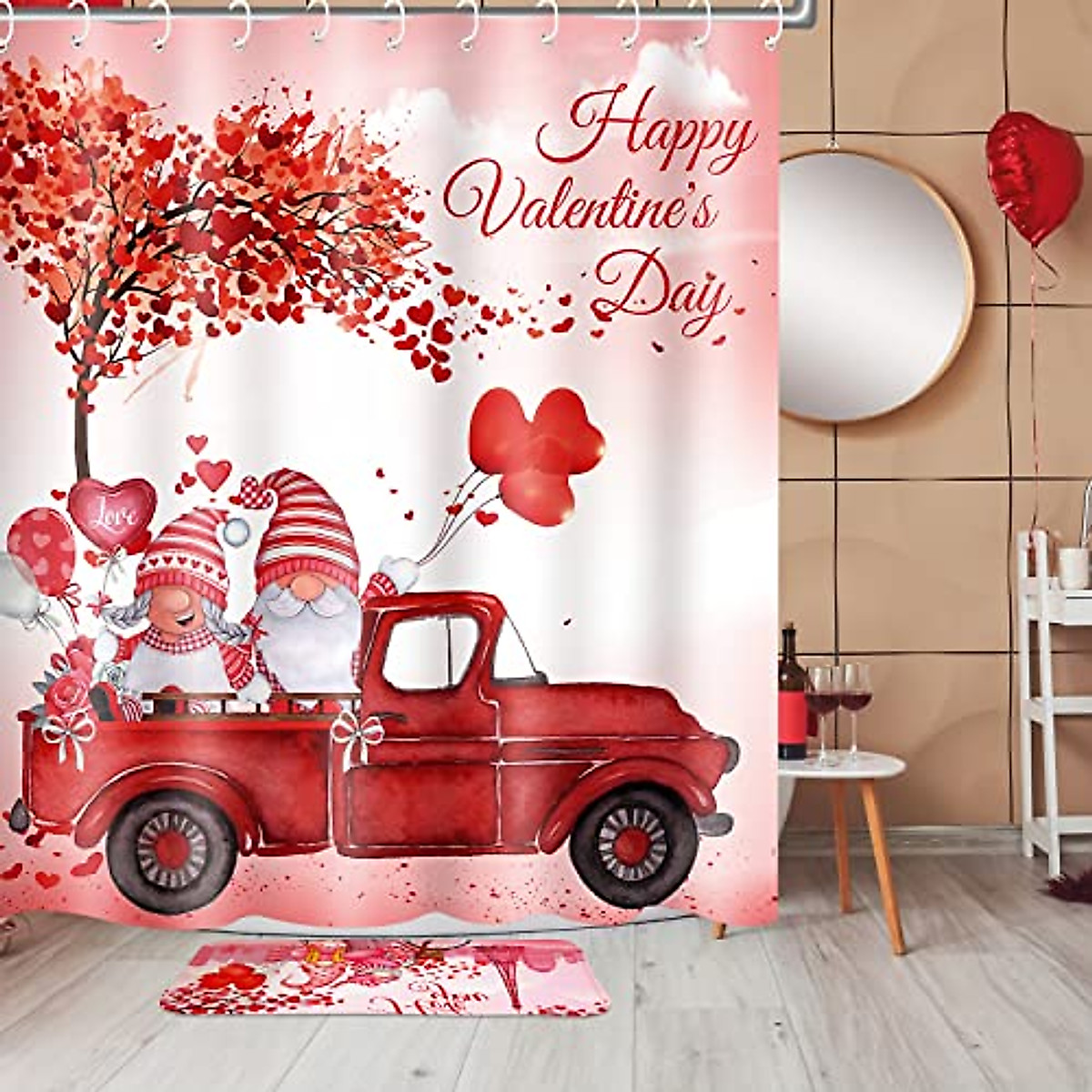 4 Pieces Happy Valentine's Day Shower Curtain Set with Non Slip Rugs Toilet Lid Cover Bath Mat U Shaped Mat Bathroom Gnomes Curtain with 12 Hooks Red Truck Waterproof Shower Curtain Valentines Decor