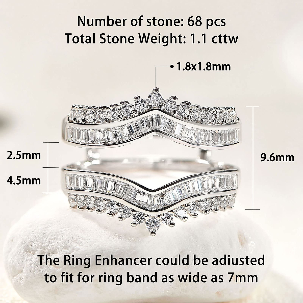 Newshe Cubic Zirconia Curved Bridal Ring Enhancer Guard for Women Engagement Rings White Gold 5A 925 Sterling Silver Size 7
