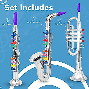 Set of 3 Kids Musical Instruments Toy Clarinet, Toy Saxophone and Toy Trumpet, 3 Wind and Brass Musical Instruments Combo with Over 10 Color Keys Coded Teaching Songs for Toddlers