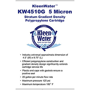 KleenWater 4510G-5M Dirt Rust Sediment Filter Cartridge, 5 Mircon, 4.5 x 9.75 Inch, Compatible With Big Blue DGD-5005 WDGD-5005 WHKF-GD25BB