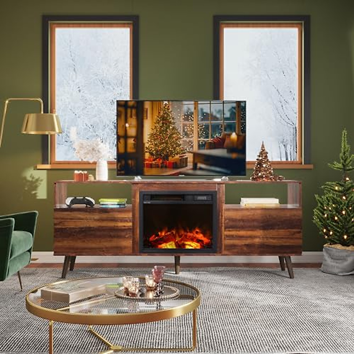 WLIVE TV Stand for 65 Inch TV, 58 Inch Entertainment Center with 18 Inch Electric Fireplace, Media Console with 2 Storage Cabinets for Living Room, Bedroom and Office, Rustic Brown