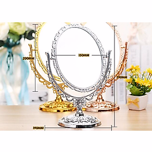 Guppy Desktop Antique Vintage European Style Two Sided Swivel Oval Tabletop Vanity Makeup Mirror with Embossed Hollow Flower Shiny Pedestal(Gold)