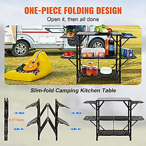 VEVOR Camping Kitchen Table, Aluminum Folding Portable Outdoor Cook Station with 4 Iron Side, 2 Shelves & Carrying Bag, Quick Installation for Picnic BBQ Beach Traveling