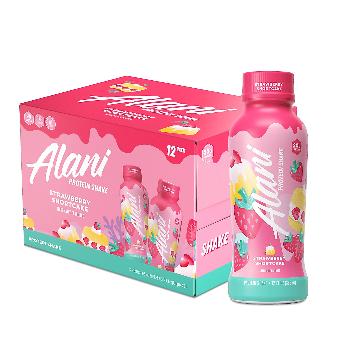 Alani Nu Protein Shake, Ready to Drink, Naturally Flavored, Gluten Free, Only 140 Calories with 20g Protein per 12 Fl Oz bottle (Strawberry Shortcake, 12 Pack)