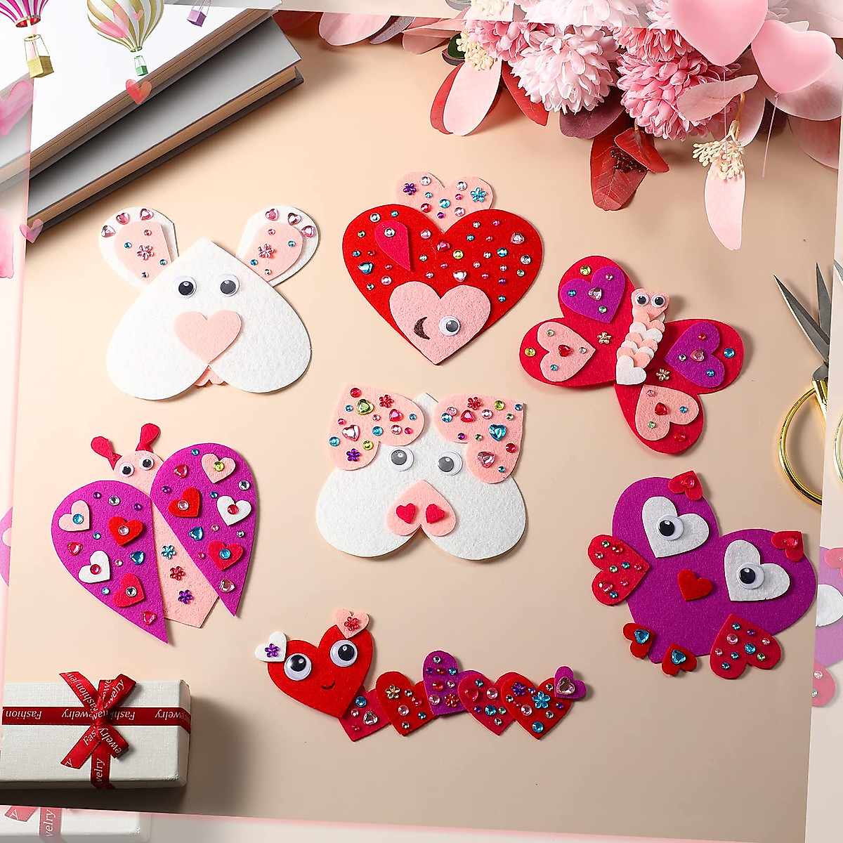 560 Pieces Valentine's Day DIY Craft Kit Felt Heart Animals Art Craft Set with Googly Eyes Gem Sticker for Kid Valentines Game Activity Party Supplies