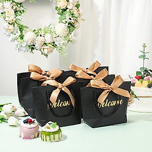 30 Pieces Welcome Bags Wedding Gift Bags Hotel Guest Wedding Treat Candy Boxes with Bow Ribbon Handle Party Favors Bags for Birthday Baby Shower Business Celebration Present (Black)
