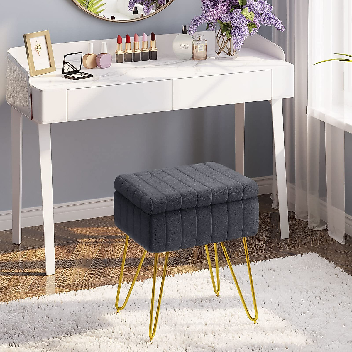 Greenstell Vanity Stool Chair Faux Fur with Storage,15.7"L x 11.8"W x 19.4"H Soft Ottoman 4 Metal Legs with Anti-Slip Feet, Furry Padded Seat, Modern Multifunctional Chairs for Makeup, Bedroom Grey