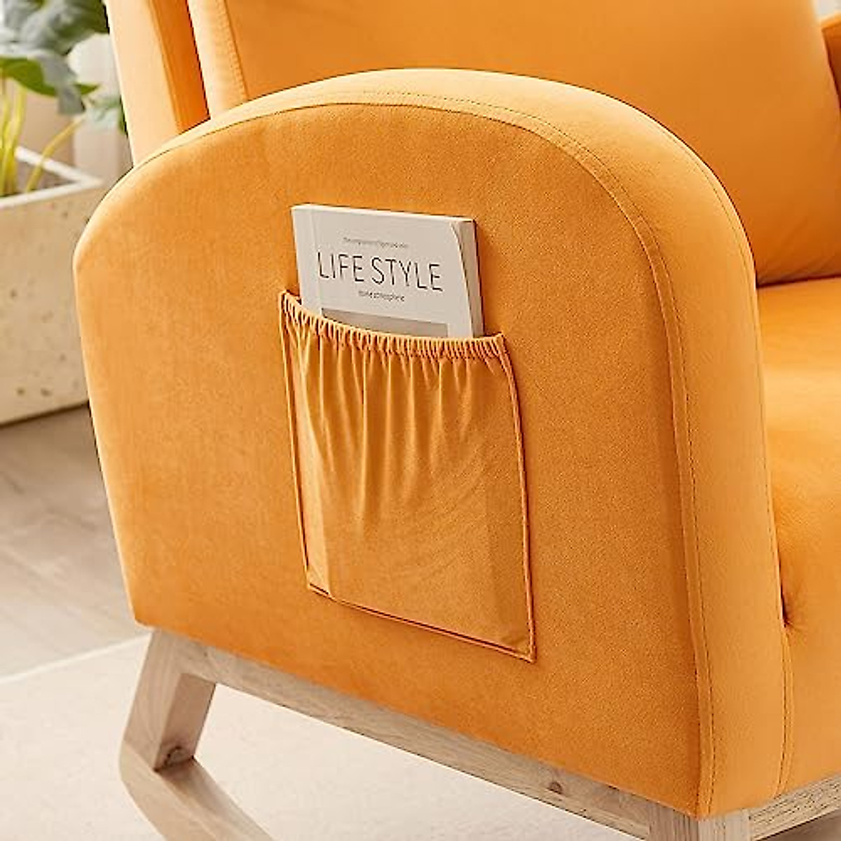 BeiXuan Modern Wood Indoor/Outdoor Rocking Chairs, Single Sofa Accent Nursery Rocking Chair with High Back Side Bag,Upholstered Glider Rocker for Living Room/Bedroom/GardenPatio,Orange Flannel Cloth