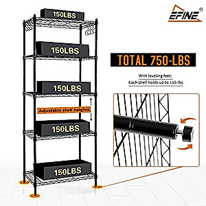 EFINE 2-Pack 5-Shelf Shelving Unit Rack with 8-Hook and 5-Shelf Liners, NSF Certified, Adjustable, 150lbs Loading Capacity Per Shelf, Shelving Rack for Kitchen and Garage (23.6W x 14D x 59H)