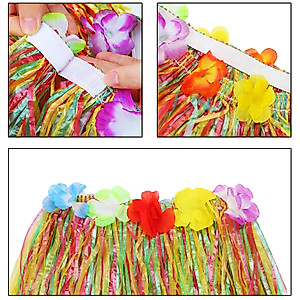 Gejoy 7 Pcs Hawaiian Luau Hula Grass Skirt with Flower Costume Set Flower Bracelet Headband Necklace Hibiscus Hair Clip Women(Red Yellow Green)
