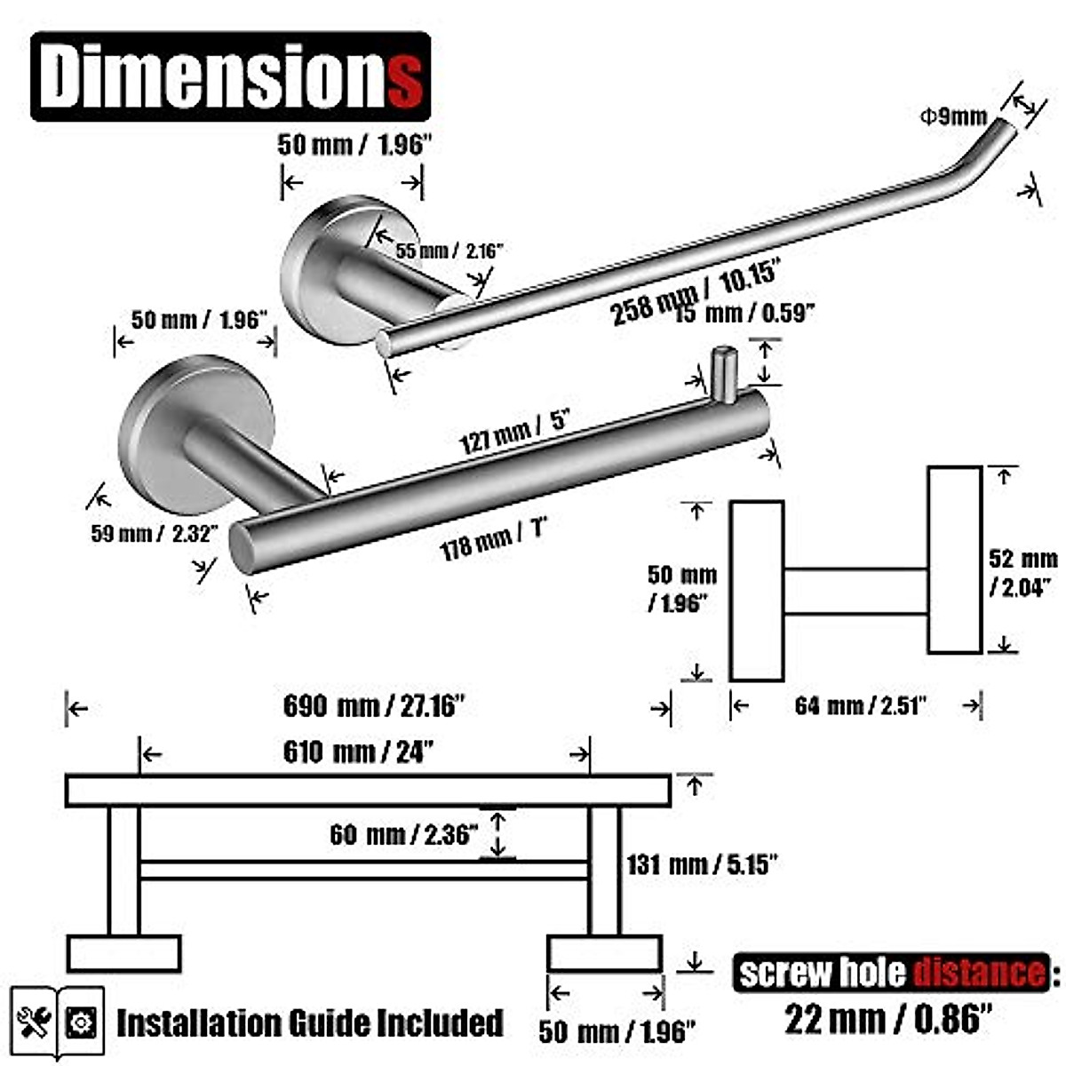 JQK Bathroom Hardware Set, 5-Piece Bath Towel Bar Accessory Set Brushed Steel Towel Rack Holder Wall Mount, BAS105-BN