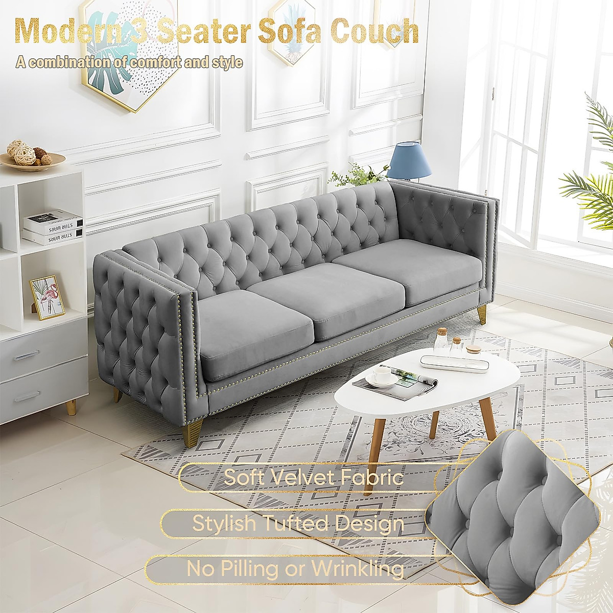 Velvet 3 Seater Sofa Couch, Comfy Couches for Living Room, Modern Sofa with Tufted Back and Rivet Decoration, Upholstered Long Couch with Solid Golden Metal Tapered Legs, Grey