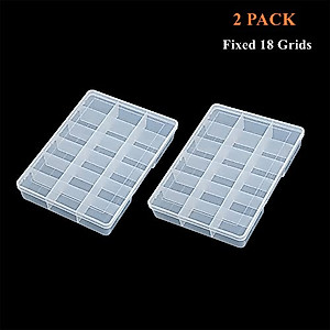 BangQiao 2 Pack Fixed 18 Grids Clear Plastic Compartment Container Case, Transparent Organizer Storage Divider Box with Lid for Bead, Button, Hardware, Screw, Sewing Kit, Craft Supplies