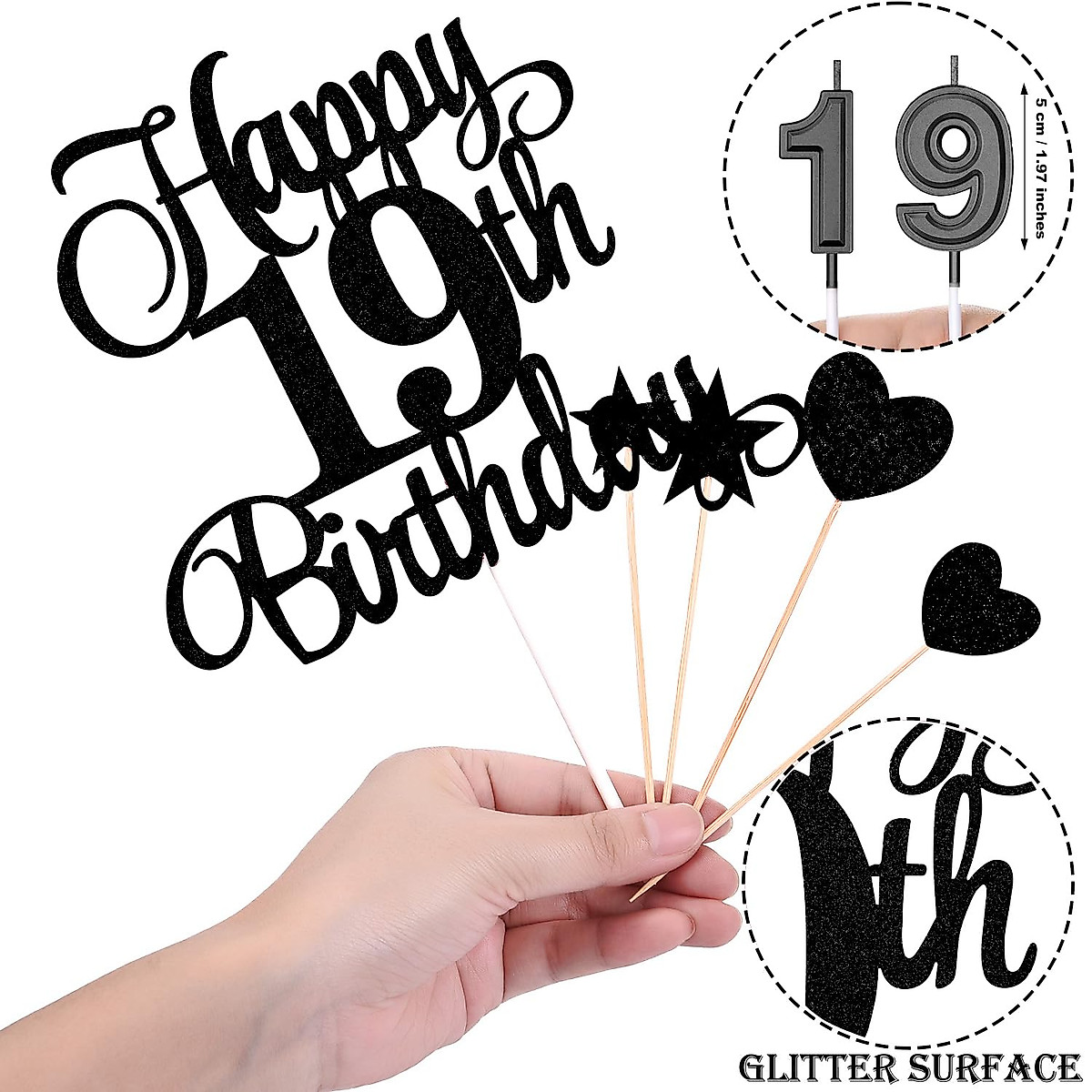 19th Birthday Cake Decorations Set Include 19th Birthday Candles Numeral 19 Cake Candles and Happy 19th Birthday Cake Toppers with Heart Star Cupcake Picks for Birthday Party (Black Series)