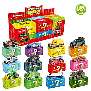 Oriate Diecast Toy Cars Set for 3 4 5 6 7 8 Year Old Boys, 12 Pack Mini Metal Cars 1/64, 12 Theme in one Set Blind Box Edition- Include Farm, Space Ship, Truck for Children Birthday Party Decor Gifts