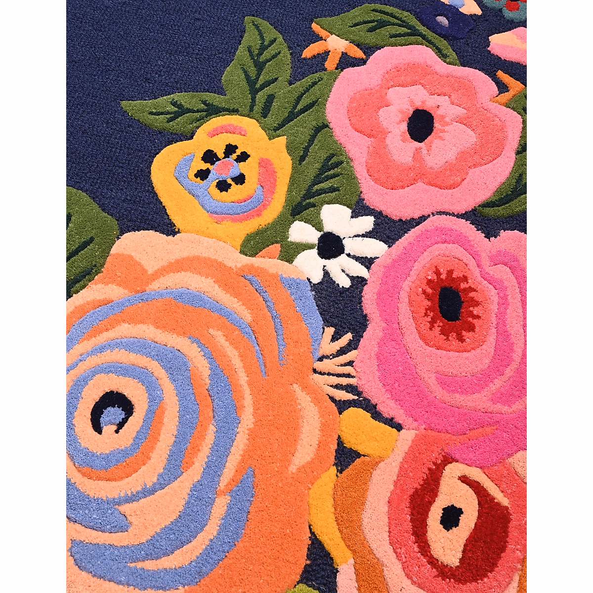 Handmade Colorful Roses Floral Wool Area Rug | Irregular Shape, Blossom & Vibrant Multi-Colored Garden Flower Pattern | Thick & Soft Carpet for Living, Bedroom & Kitchen Deco (Navy, 5' x 8')