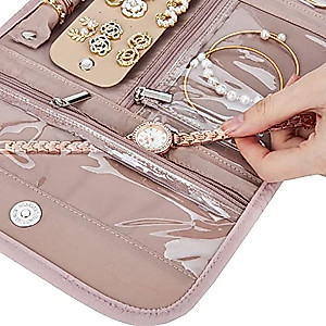 BELALIFE Travel Jewelry Case Organizer, Foldable Jewelry Storage Roll for Earrings, Necklaces, Rings, Bracelets, Brooches, Pink