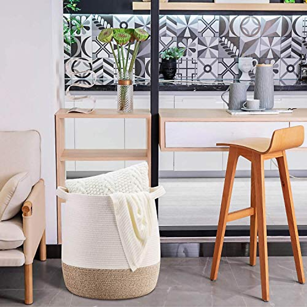 MINTWOOD Design Large 17 x 17 Inches Decorative Woven Cotton Rope Blanket Basket for Living Room, Laundry Basket Hamper, Storage Baskets with Handles for Toys, Throws, Pillows, Towels, Shoes, Brown