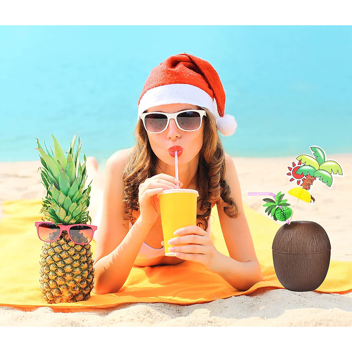 ALINK 18 Coconut Cups with 18 Straws and 18 Cocktail Drink Picks, Hawaiian Luau Tiki and Beach Party Decorations for Kids and Adults