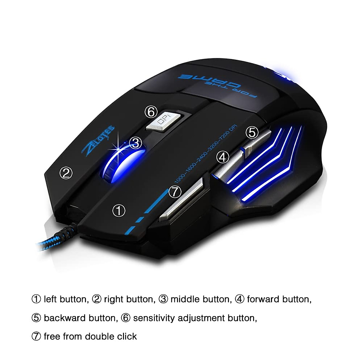 zelotes Wired Gaming Mouse with Fire Button,7200 DPI,7 Buttons,Ergonomic Design,LED Illumination,Corded Optical Mouse Mice for Laptop,PC,Mac,Black