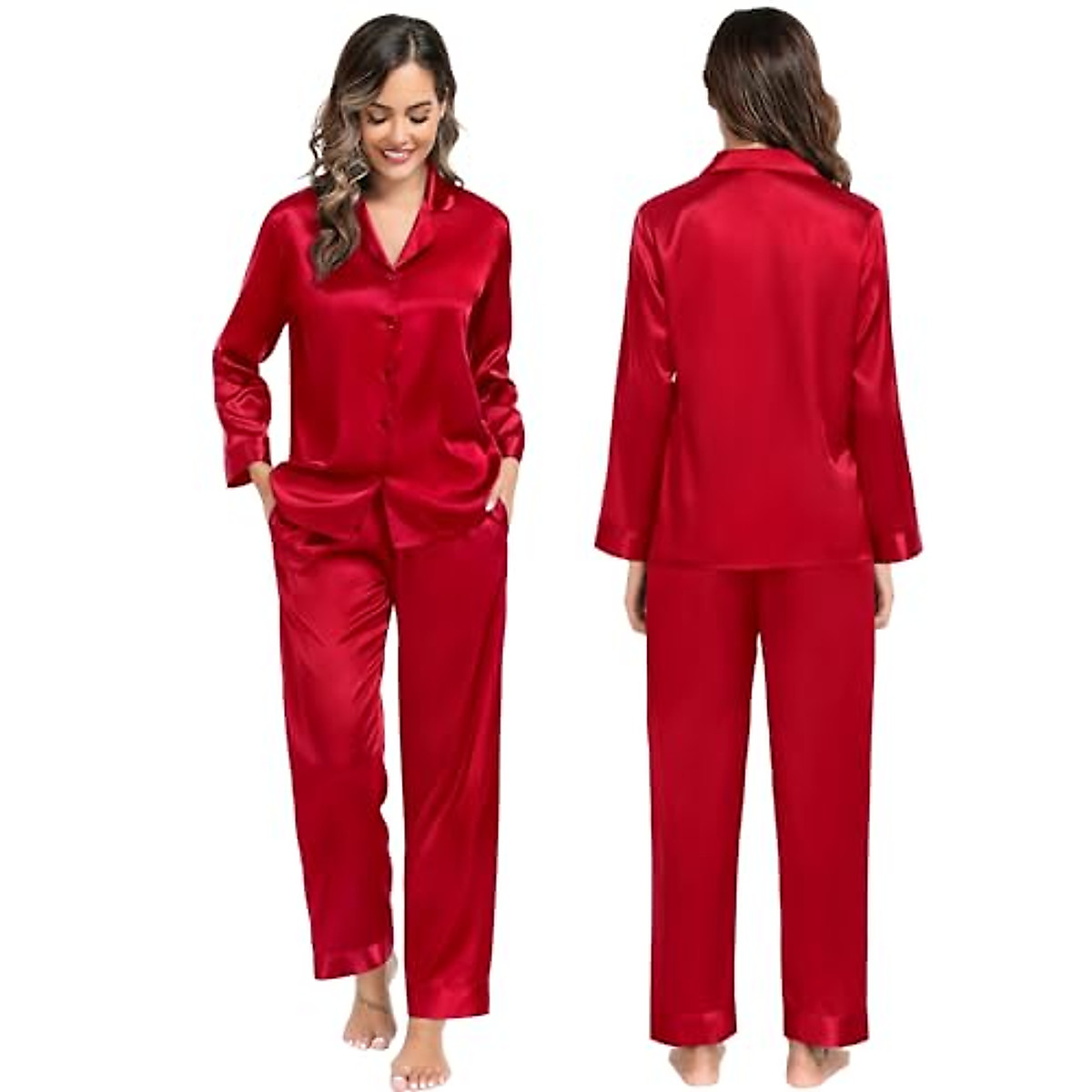 SWOMOG Couples Matching Pajamas Sets Silk Satin Long Sleeve Sleepwear Button Down Loungewear Pjs Set with Long Pants Red