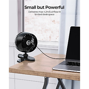 Koonie USB Clip on Fan, Strong Wind Ultra Quiet Small Desk Fan with Strong Clamp, More Than 360° Adjustable, 3 Speeds USB-C Corded Powered, Mini Personal Fan for Home Office Desktop Black