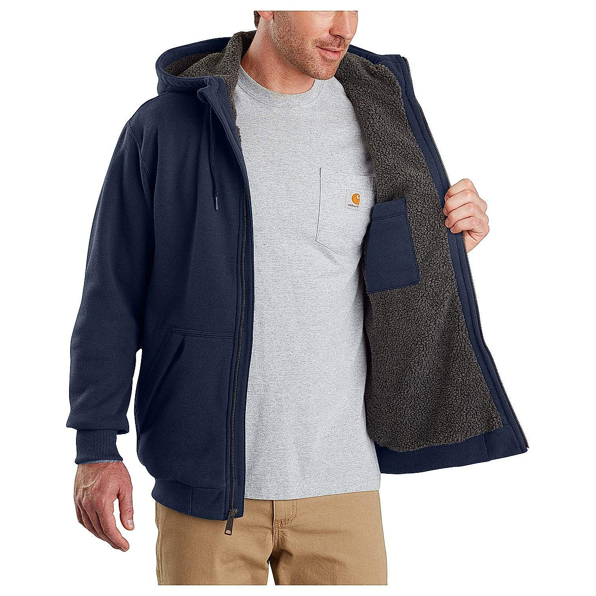 Carhartt Men's Rain Defender Rockland Sherpa Lined Hooded Sweatshirt, New Navy, Medium