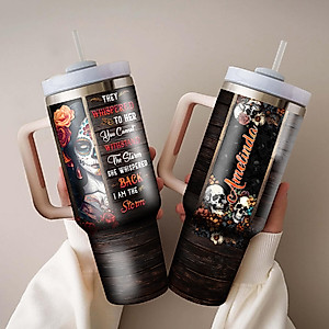 WAZONE Personalized Skull 40oz Tumbler with Handle Lid and Straw Custom Name Wood Drawing Style Double Wall Vacuum Tumblers Insulated Stainless Steel Coffee Travel Mug Novelty Halloween Day Gifts