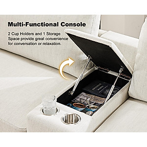Luxury Sectional Sofa with Console, 2 Cup Holders, Upholstered Modern Linen Fabric 6-Seat Couch with Sloped Armrests & Detachable Cover, Modular Sofas Couches for Living Room, Apartment, Office, Ivory