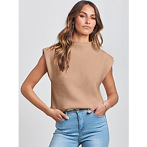 LOGENE Women's Sweater Vest Sleeveless Mock Neck Tank Top Ribbed Knit Cap Sleeve Pullover Sweaters 2023 Fall Trendy Clothes apricot Medium