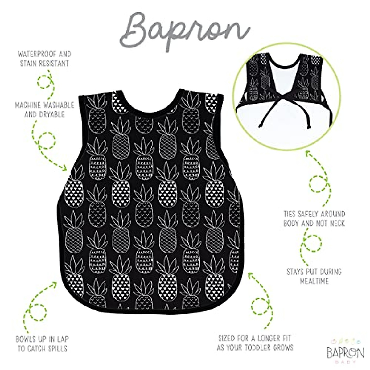 BapronBaby Pineapple Monochrome Bapron - Soft Waterproof Stain Resistant Bib - Machine Washable - 6m - 5yr - (Sz Baby/Toddler 6m-3T)