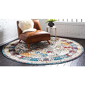 Unique Loom Rosso Collection Vintage, Traditional, Distressed, Bohemian, Botanical, Southwestern Area Rug, Round 8' 0" x 8' 0", Multi/Blue