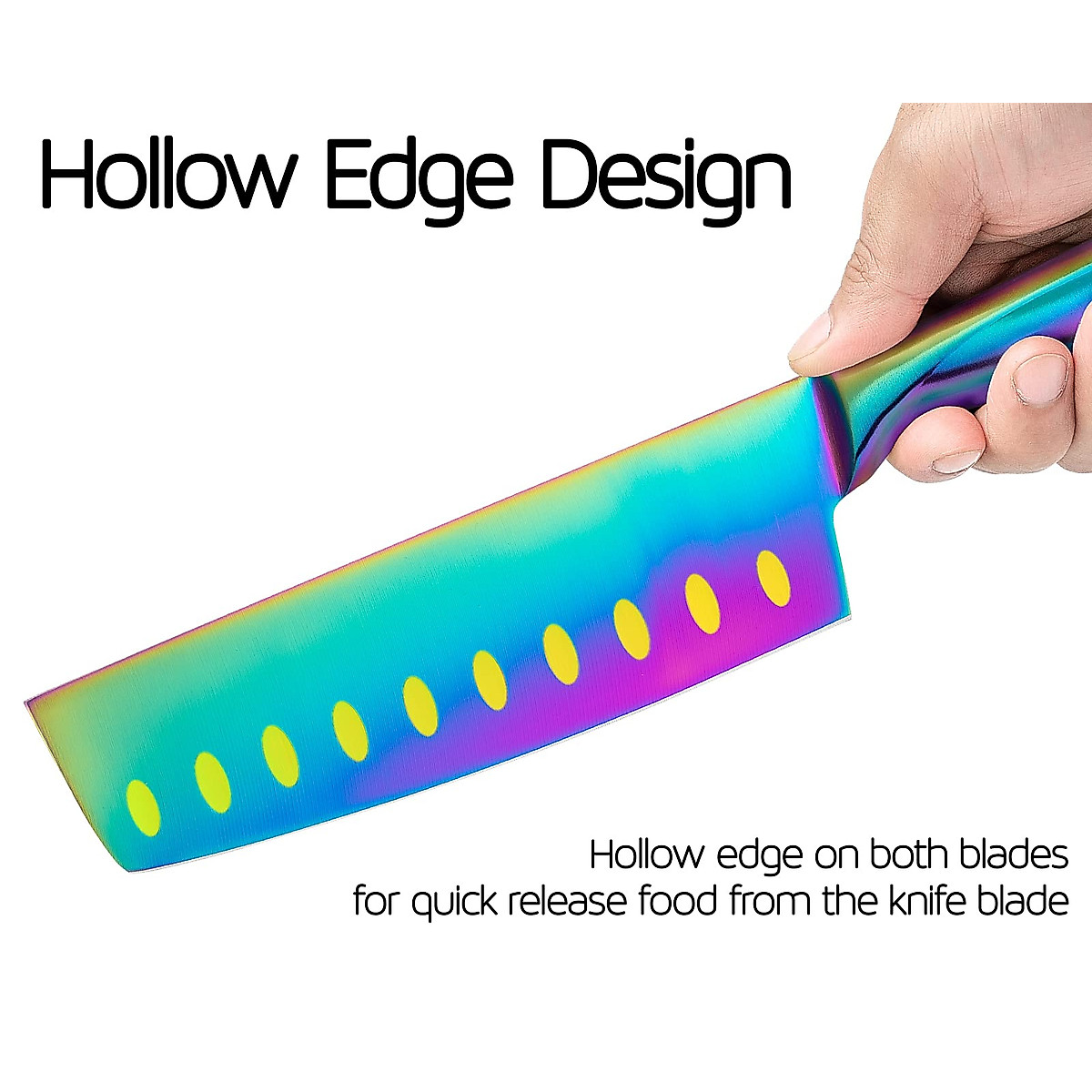 WELLSTAR Nakiri Knife 7 Inch, Razor Sharp German Stainless Steel Meat Vegetable Cleaver, Multi-purpose Asian Kitchen Knife for Home Chef’s Cooking with Rainbow Titanium Coating, Strong Durable Handle