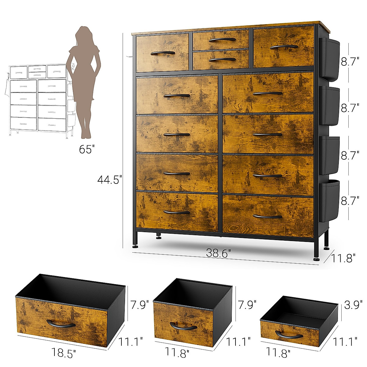 Himusi Dresser for Bedroom with 12 Drawer, Tall Dresser with Side Pockets and Hooks, Fabric Dressers, Chests of Drawers for Closet, Hallway, Living Room, Entryway, Rustic