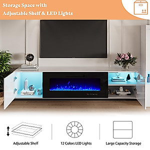 AMERLIFE Floating Fireplace TV Stand, Wall Mounted Mirrored Entertainment Center with 40" Electric Fireplace, Modern LED Lights Media Console for TVs Up to 90", White