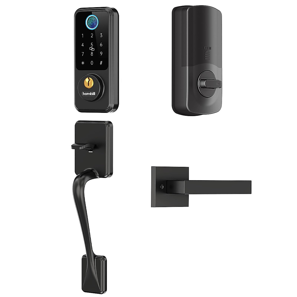 Hornbill Smart Lock with Front Door Handle Set - Keyless Entry Door Lock with Handleset - Smart Deadbolt Door Lock for Front Door - Bluetooth Door Lock with Keypad - Fingerprint Biometric Auto Lock