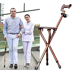 Heavy Duty Walking Cane with Folding Seat 440 lbs Capacity Adjustable Canes with Seats for Heavy Weight Thick Aluminum Alloy Cane Stool Seat Chairs (Brown with LED Light)