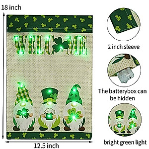 St Patricks Day Garden Flag with Lights, Welcome Gnome Shamrock Garden Flag Double Sided Yard Flags for Lawn Party St Patricks Day Outdoor Decorations 12 x 18 Inch
