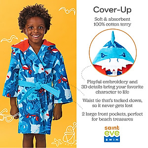 Saint Eve Kids Swim Coverup with Hood - Boys & Girls Soft Robe with Pockets and Waist Tie - Absorbent Terry Cloth - Green Turtle - Medium