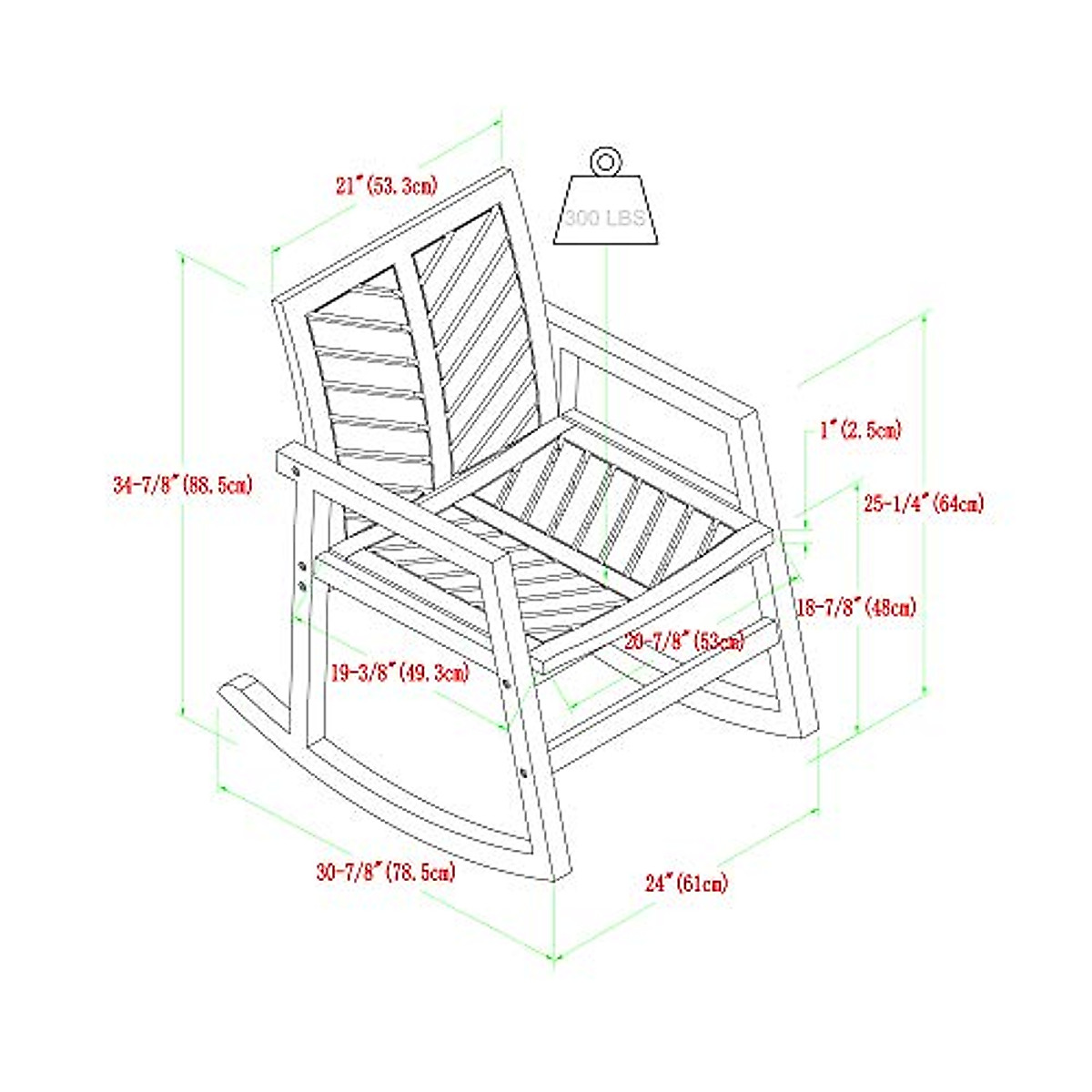 Walker Edison AZOWVINRCDB-3 Antigua Modern 3 Piece Chevron Solid Acacia Wood Outdoor Rocking Chair Set, Dark Brown