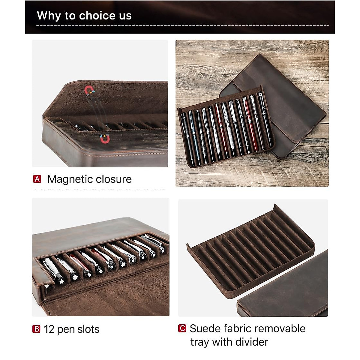 3/12 Leather Pen Case Pack Handmade Drawer Style Detachable Magnetic Pen Case (12 BROWN)…