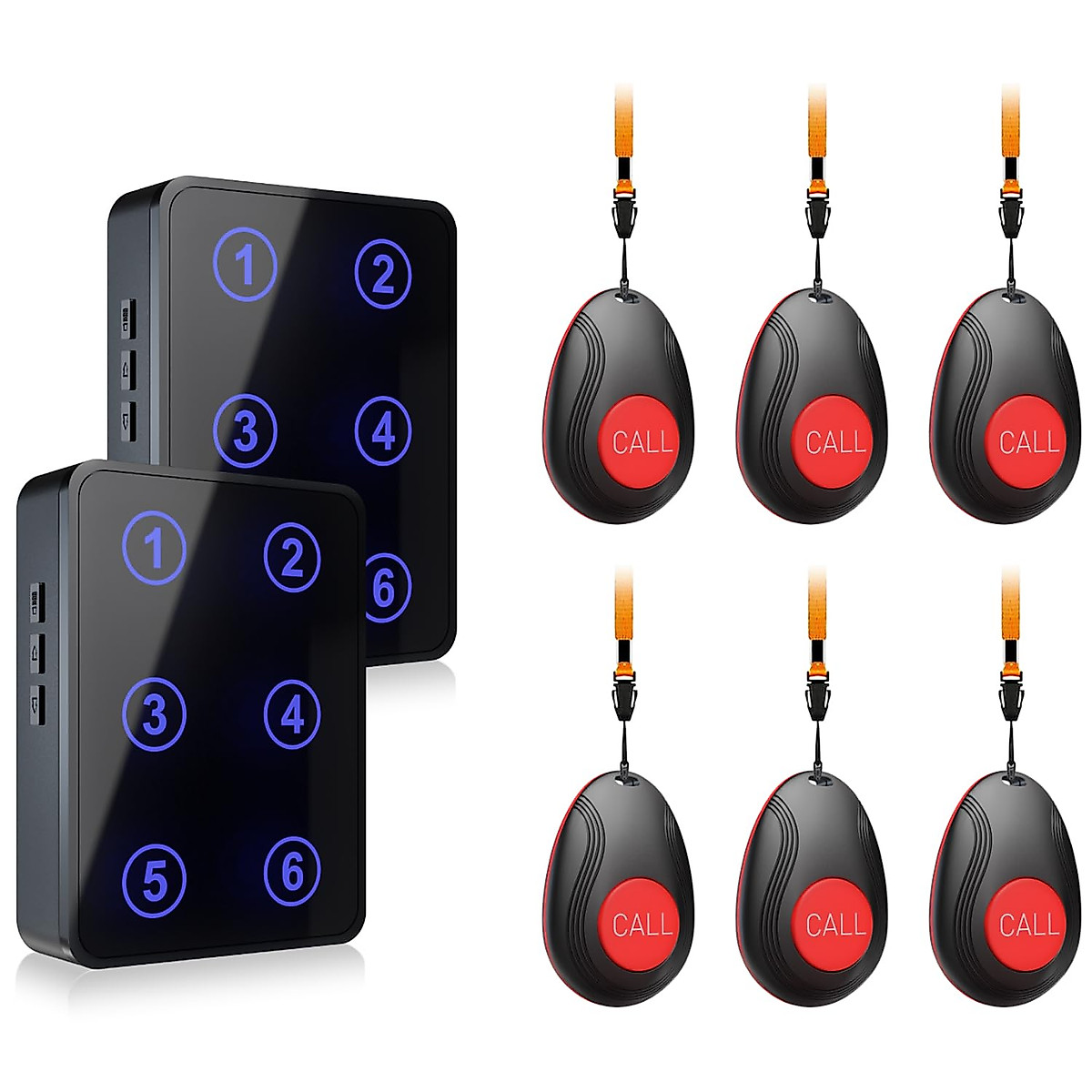 CallToU Caregiver Pager Wireless Call Button Nurse Call System 500Ft with LED Number Display for Elderly Patients Seniors Home Emergency Alert 2 Plug-in Receivers 6 Waterproof Portable Transmitters