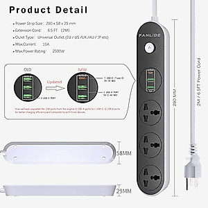 Fanlide Power Strip with USB Ports, 6ft Power Cord, 2500W Circuit Breaker, 3 Outlets 3 Quick USB (5V 3.1A) Charging Station, Child Safe Door, for Cruise Ship,Dorm Room Multi Plug Extender