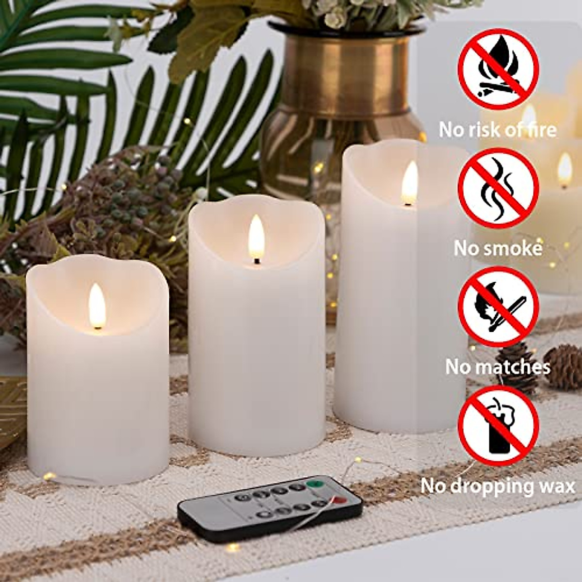 LUSHARBOR Flameless Candles, Battery Operated Real Wax LED Flickering Candles with 10Key Remote Control and Timers, Fake Electronic Candle for Christmas Party Room Home Decor, Set of 3(White)