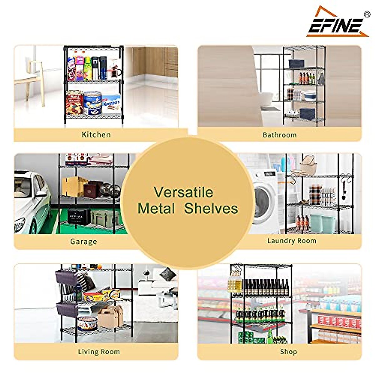 EFINE 2-Pack 5-Shelf Shelving Unit Rack with 8-Hook and 5-Shelf Liners, NSF Certified, Adjustable, 150lbs Loading Capacity Per Shelf, Shelving Rack for Kitchen and Garage (23.6W x 14D x 59H)