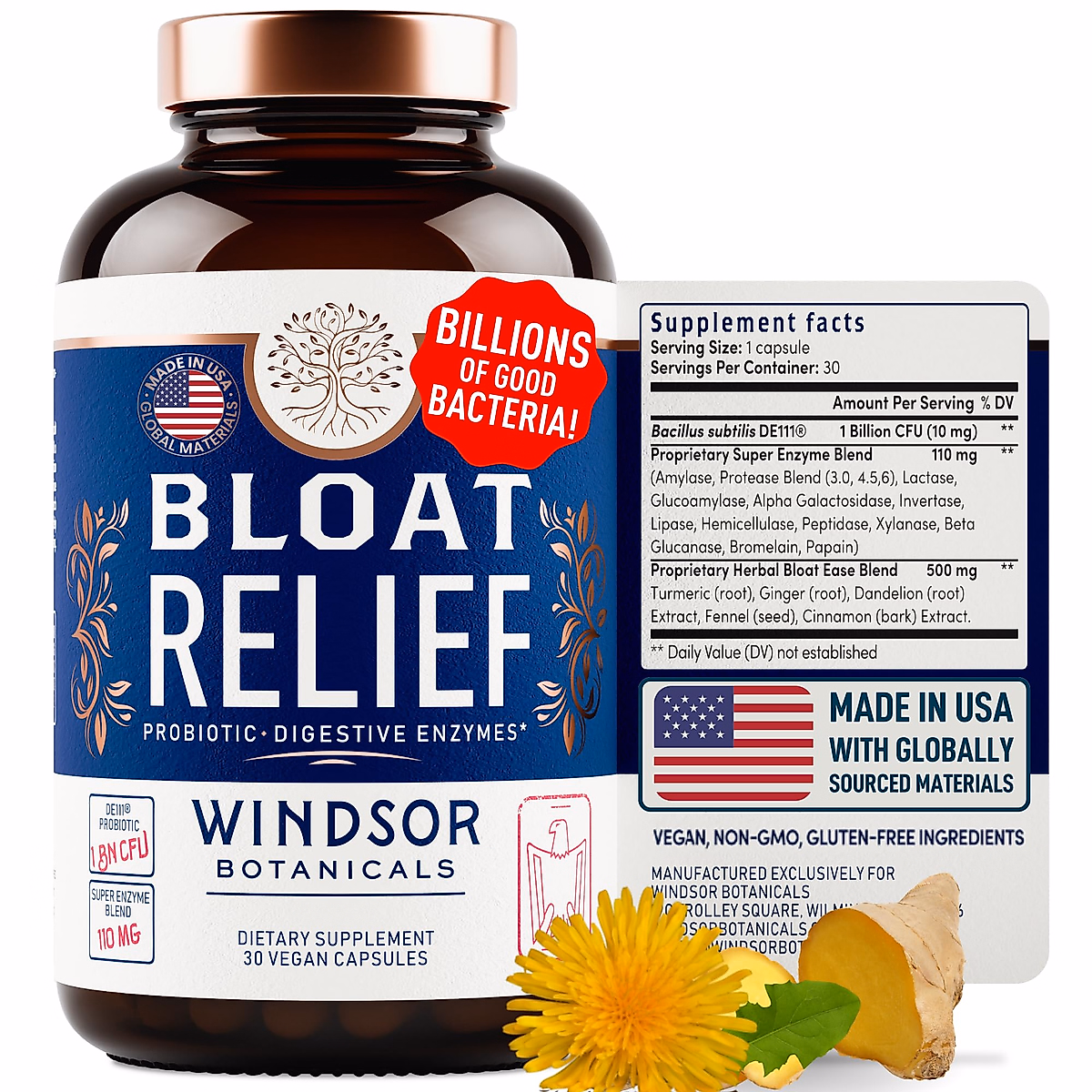 Bloat Relief Probiotic and Digestive Enzymes - Anti Bloating Turmeric, Fennel, Bromelain IBS Supplement - Detox Debloat Capsules Gas - Bloating Relief for Women and Men - 30 Gut Health Pills