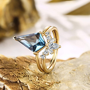 LAZLUVU Womens Crystal Stackable Rings Champagne Gold Plated Ring Blue Engagement Rings Bridal Rings Set for Women Christmas Birthday Size 7